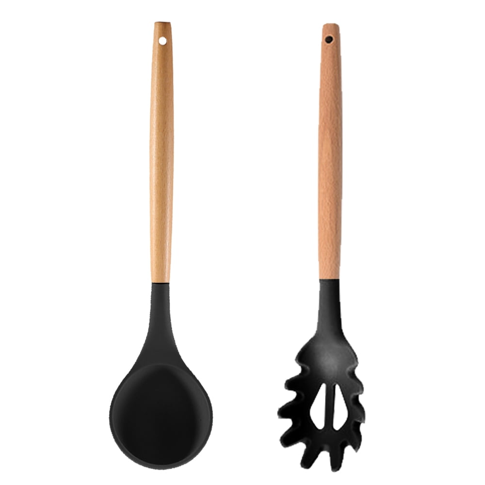Wood and Silicone Kitchen Utensils Set, Utensil and Lid Rest,Wood ...