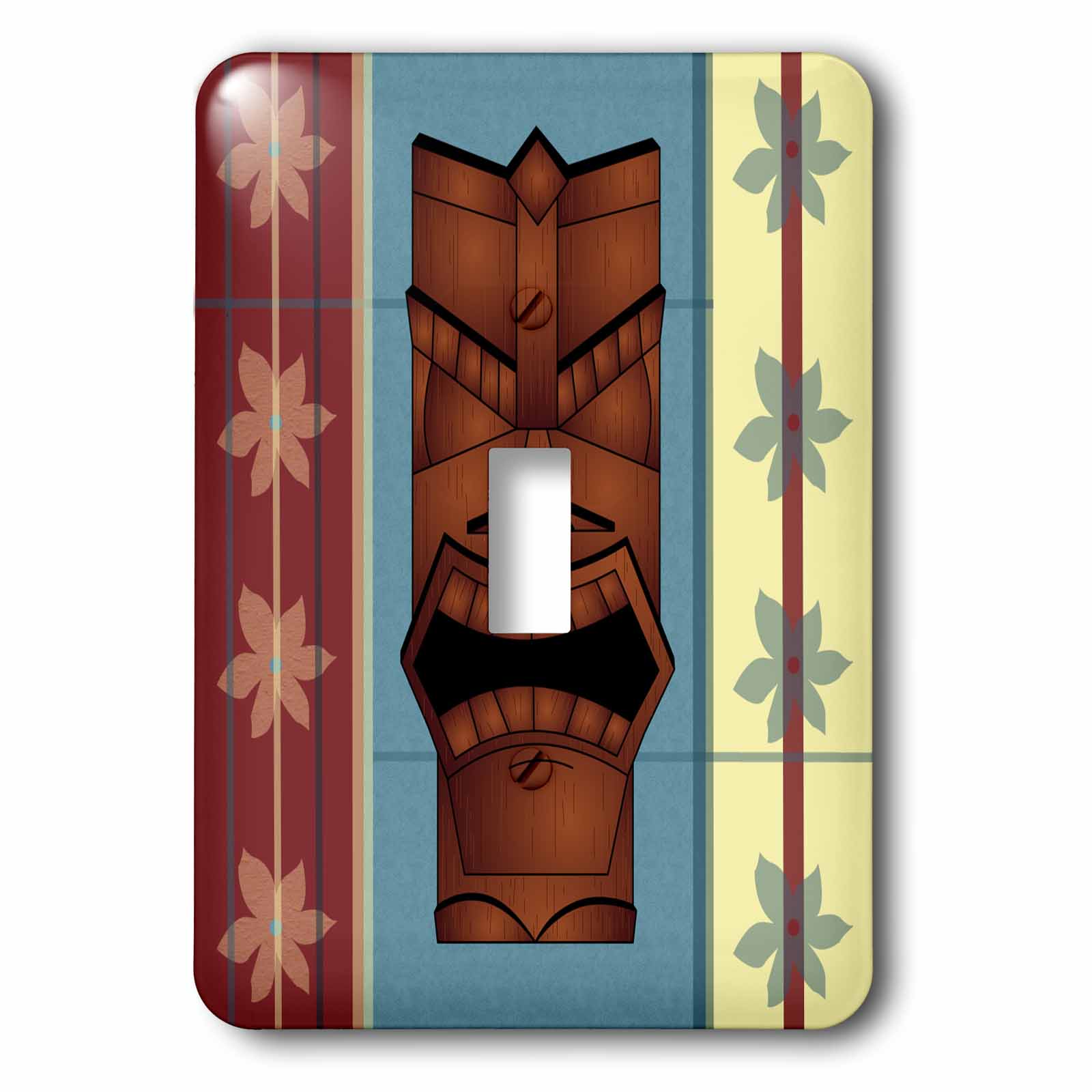 Wood grain Tropical Tiki Mask - Hawaiian Flowers Red and Blue single ...