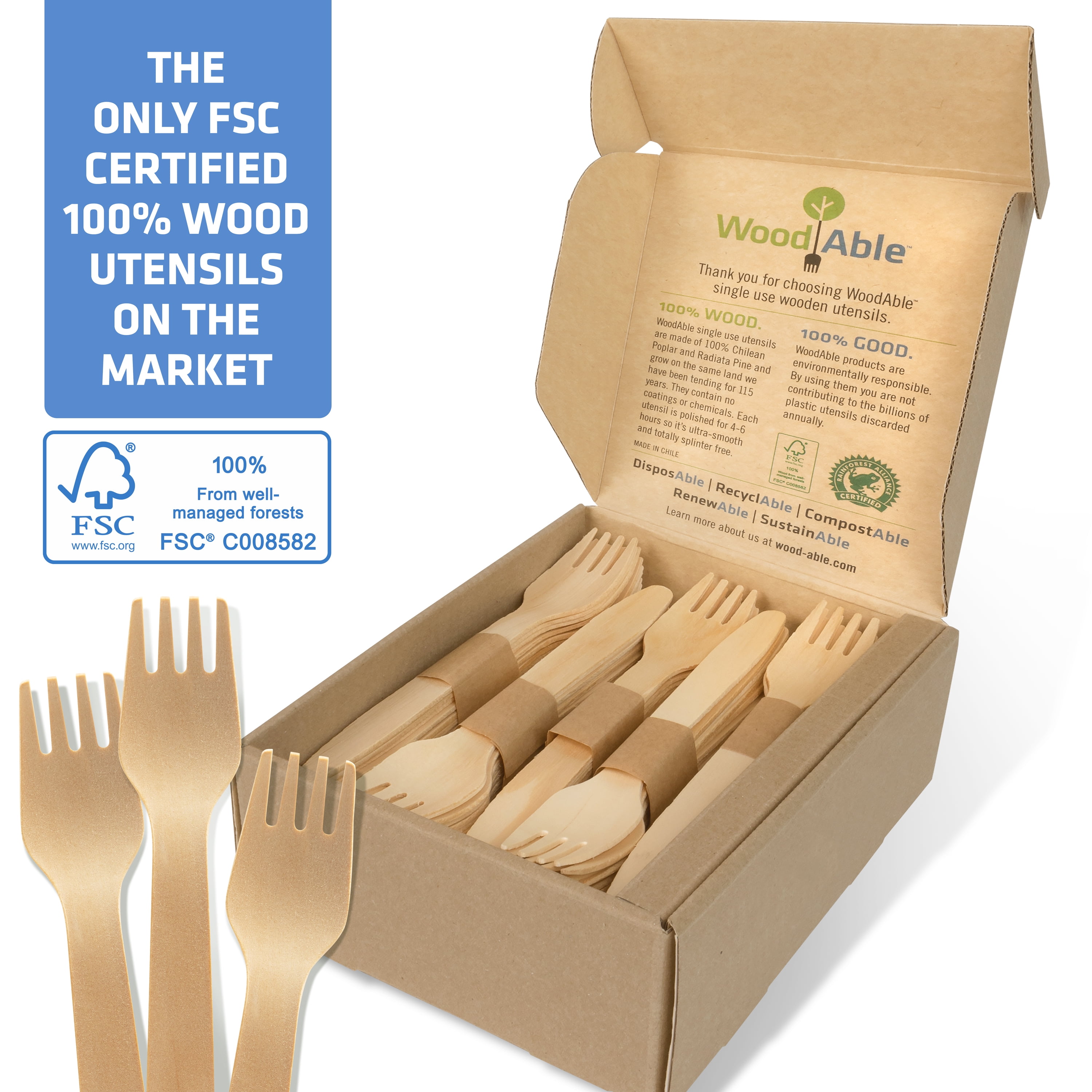 WoodAble | 100 Forks | Disposable Wooden Utensils | Eco Friendly ...