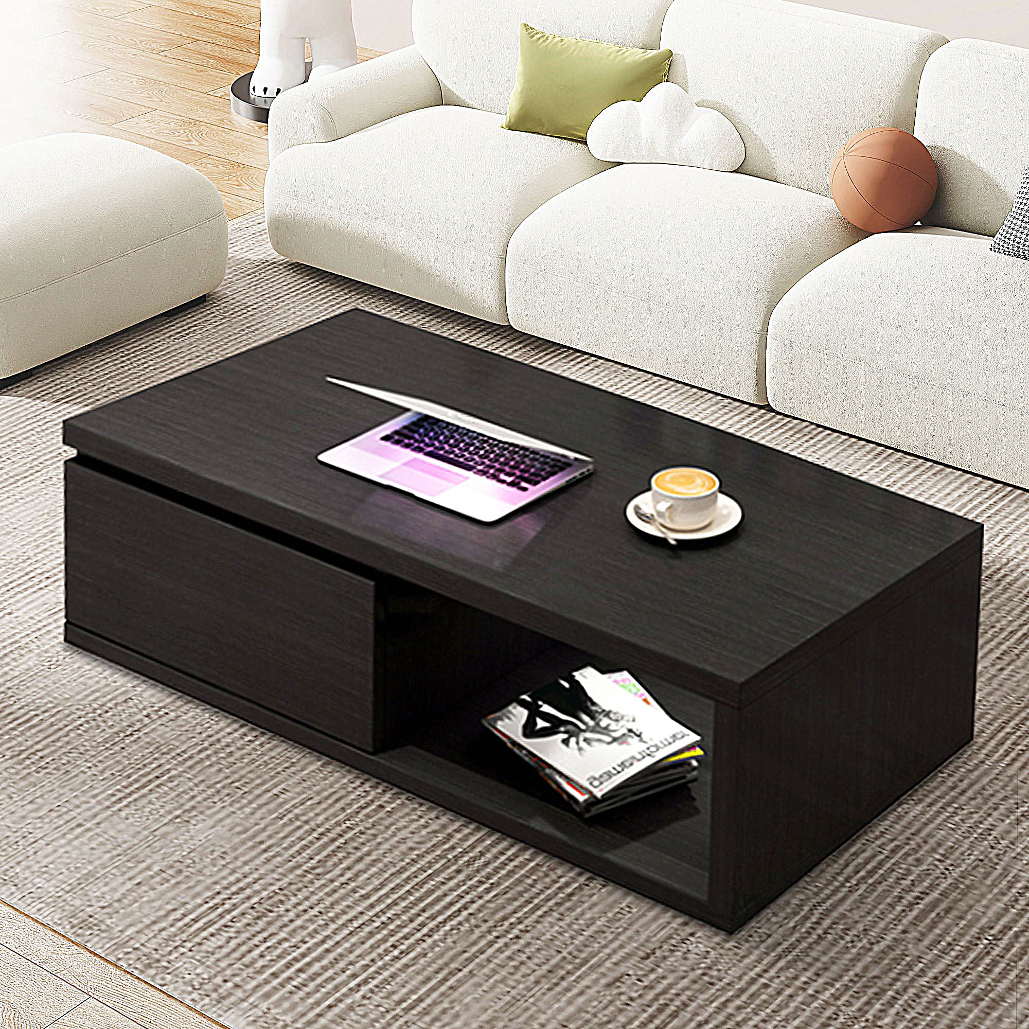 Plank+Beam 48" Modern Rectangular Coffee Table with Shelf, Solid Wood ...