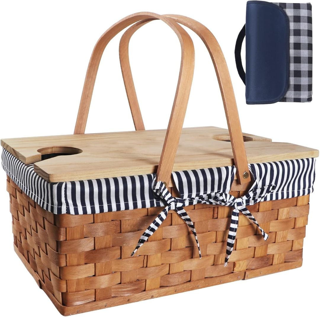 Woodchip Picnic Basket for 4,Handmade Picnic Basket with Solid Table, Woven Basket with Double ...