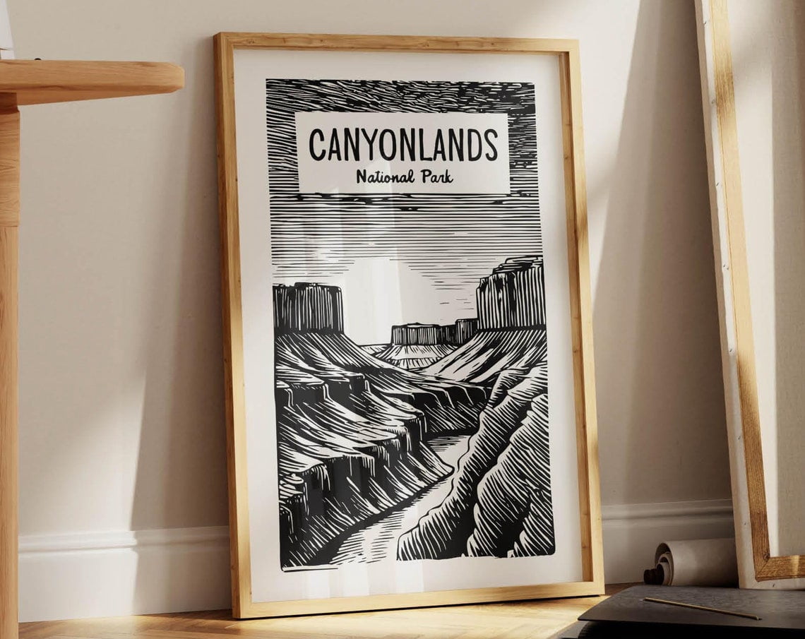 Woodcut Canyonlands Travel Print Retro Canyonlands Art Wall Decor Red ...