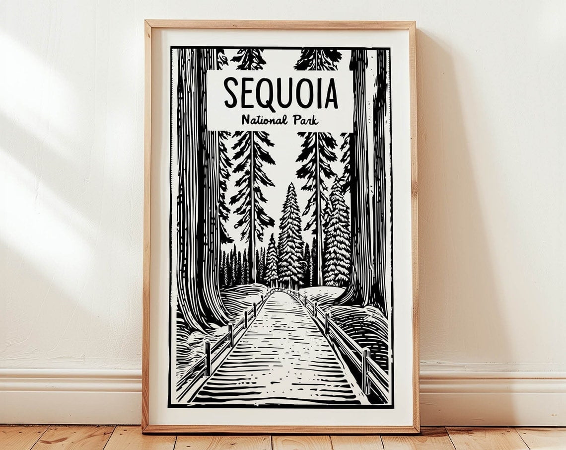 Woodcut Sequoia Travel Print Retro Sequoia Art Wall Decor California ...