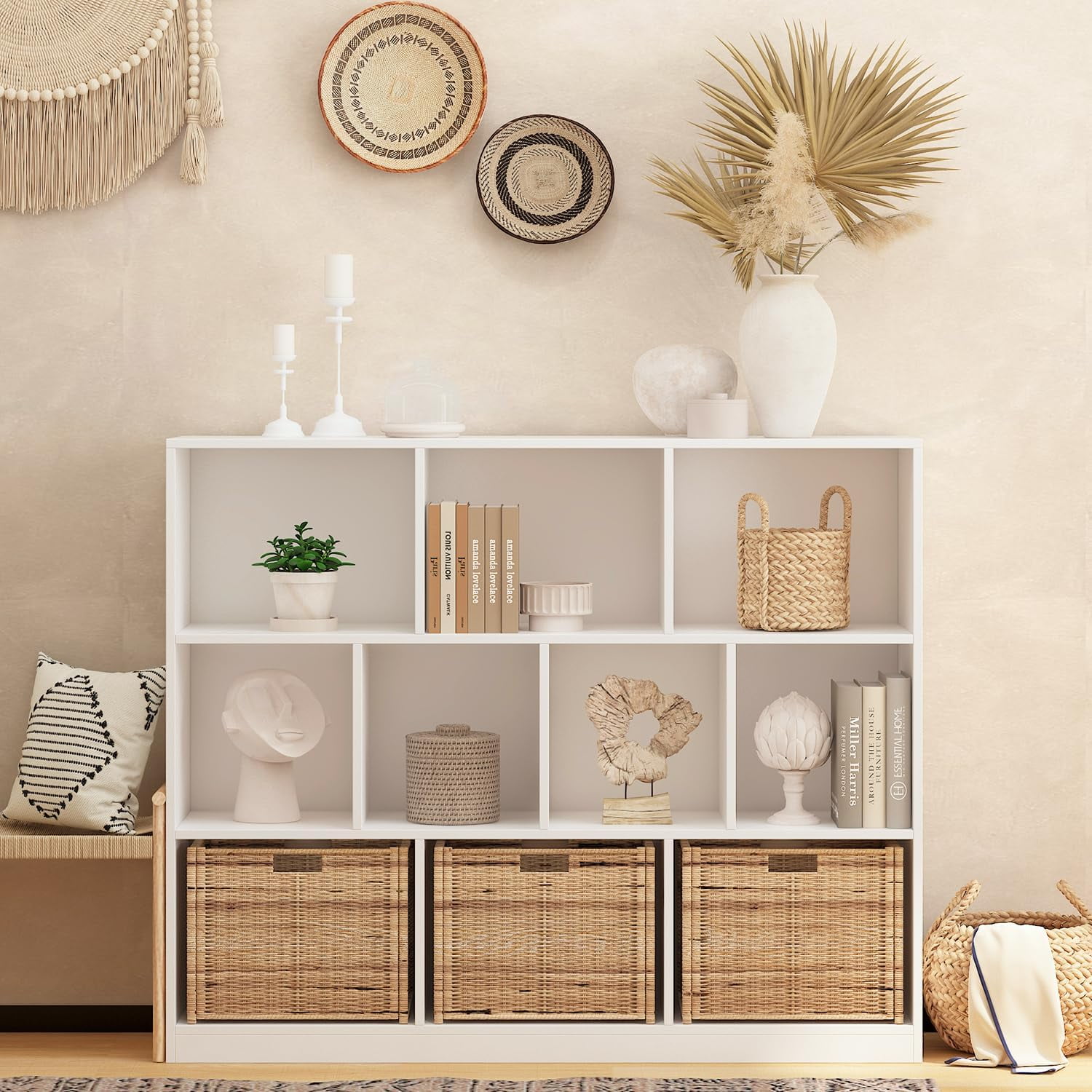 Wooden 10 Cube Book Shelf with Base,3 Tier Freestanding Horizontal ...