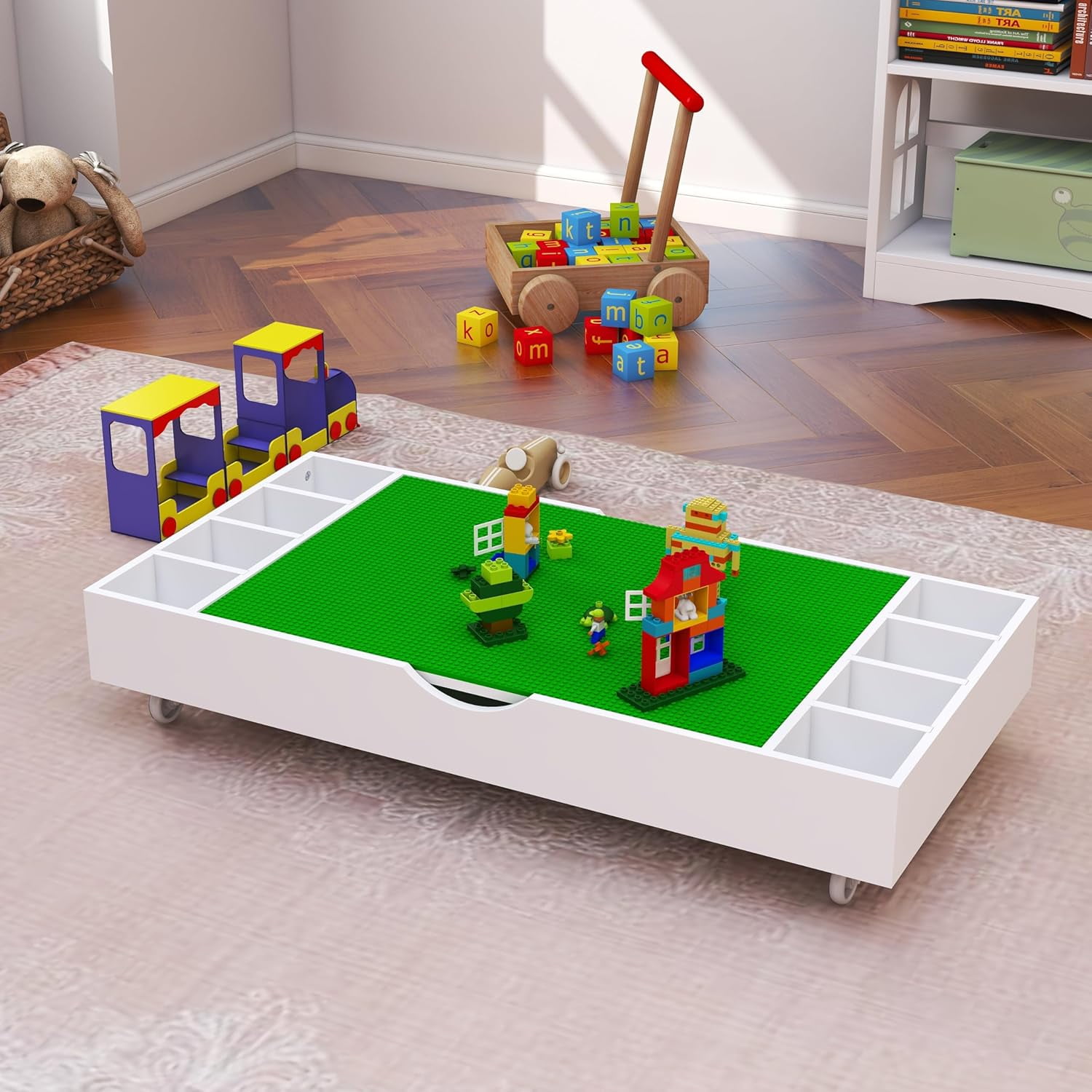 Wooden 2 in 1 Construction Rollaway Kids Activity Table with Storage ...
