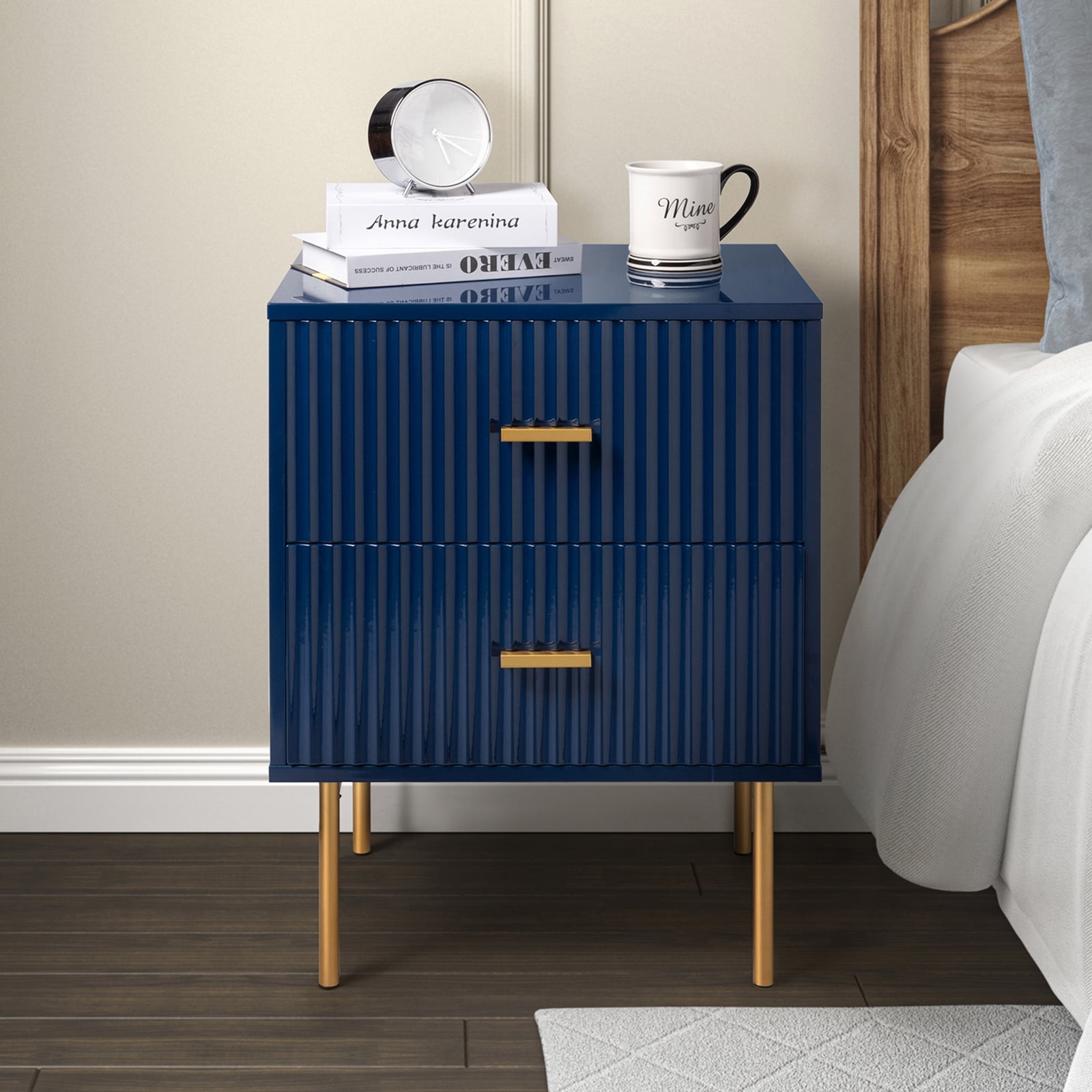 14 Karat Home, Wooden Nightstand with 2 Drawers, Navy, Bedside Table ...