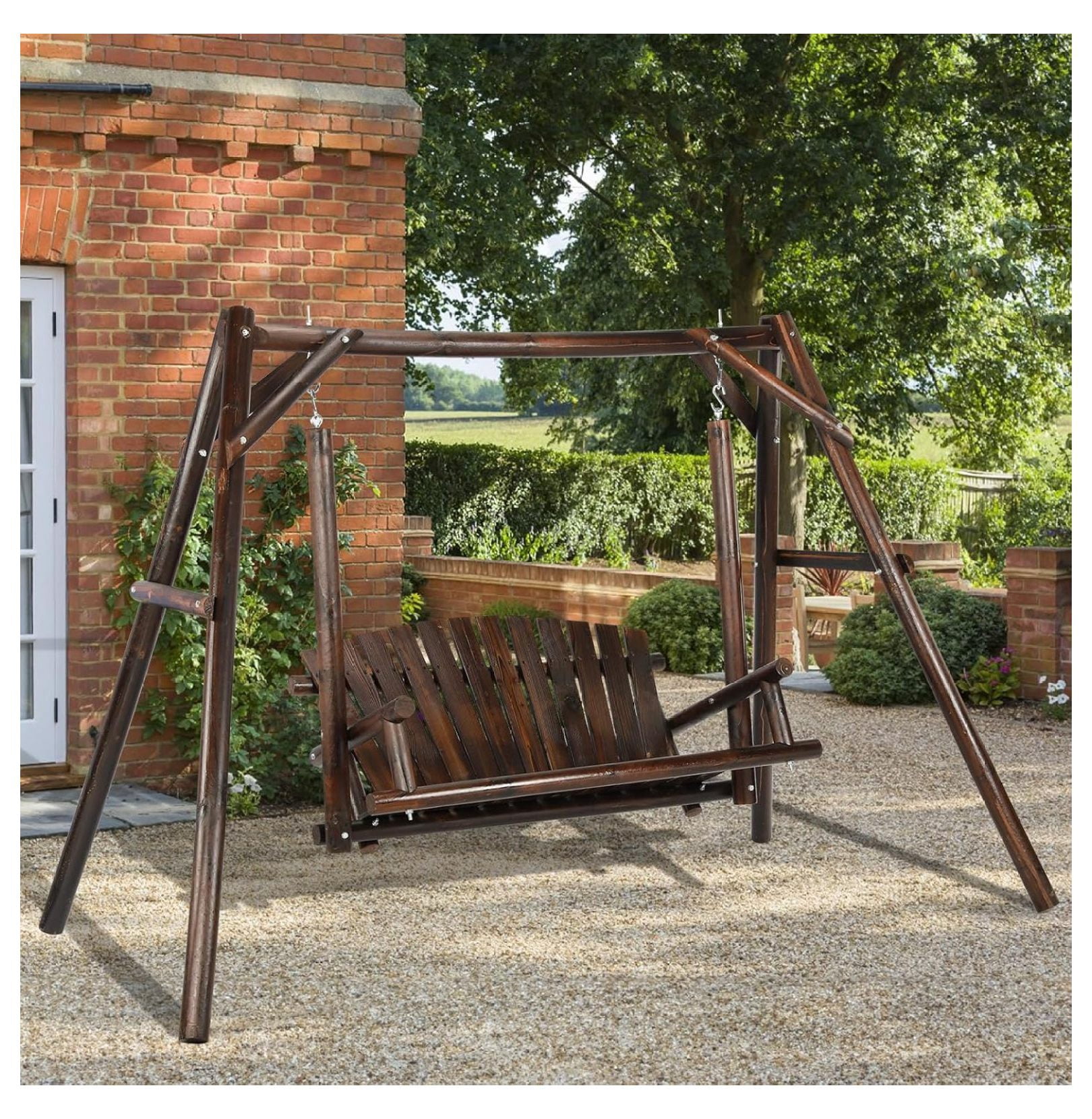 Wooden 2-Seat Porch Swing with A-Frame Stand, Outdoor Patio Swing Chair ...