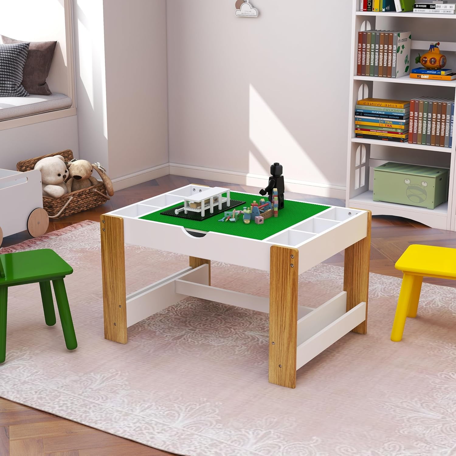 Wooden 2 in 1 Kids Play Table with Storage， Toy Building Block Table ...