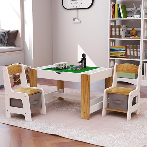 Wooden 3 in 1 Kids Table and Chairs Set with 2 Storage Baskets, Kids ...