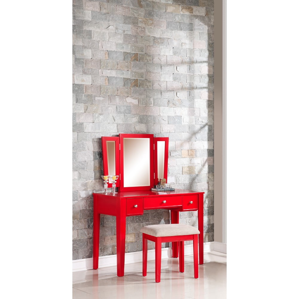 Wooden 3 Panel Mirror Vanity Set with Stool, Red - Walmart.com