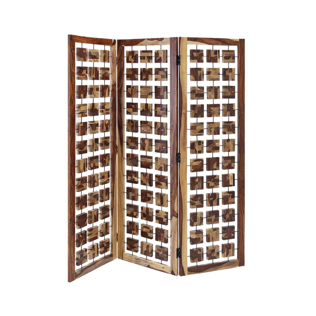 Wooden 3 Panel Room Divider with Interconnected Square Blocks, Brown ...