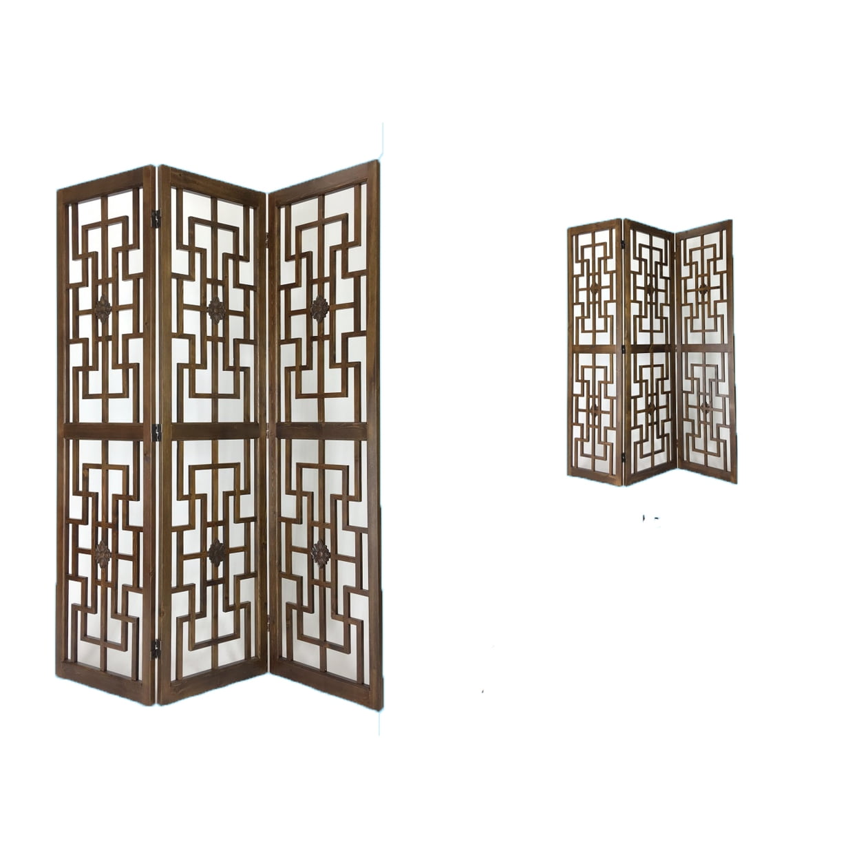 Wooden 3 Panel Room Divider with Intricate Square Design, Brown ...