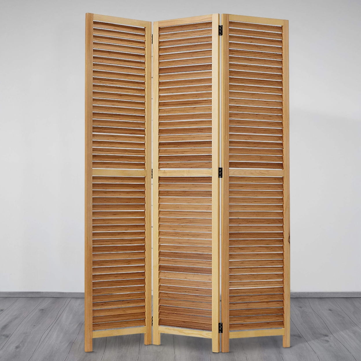 Wooden 3 Panel Shutter Screen with Bamboo Slats, Natural Brown ...