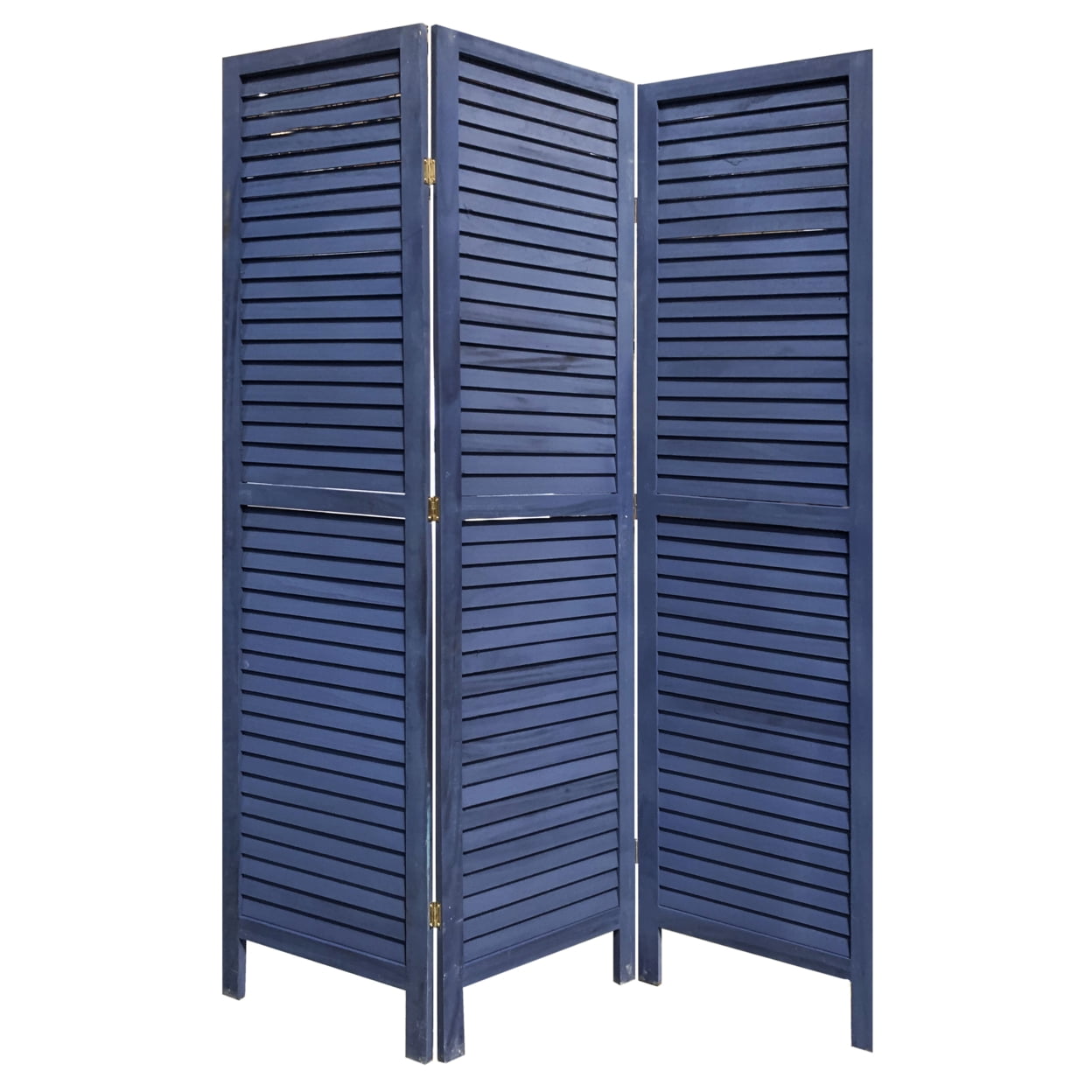 Wooden 3 Panel Shutter Screen with Fitted Slats, Dark Blue - Saltoro ...