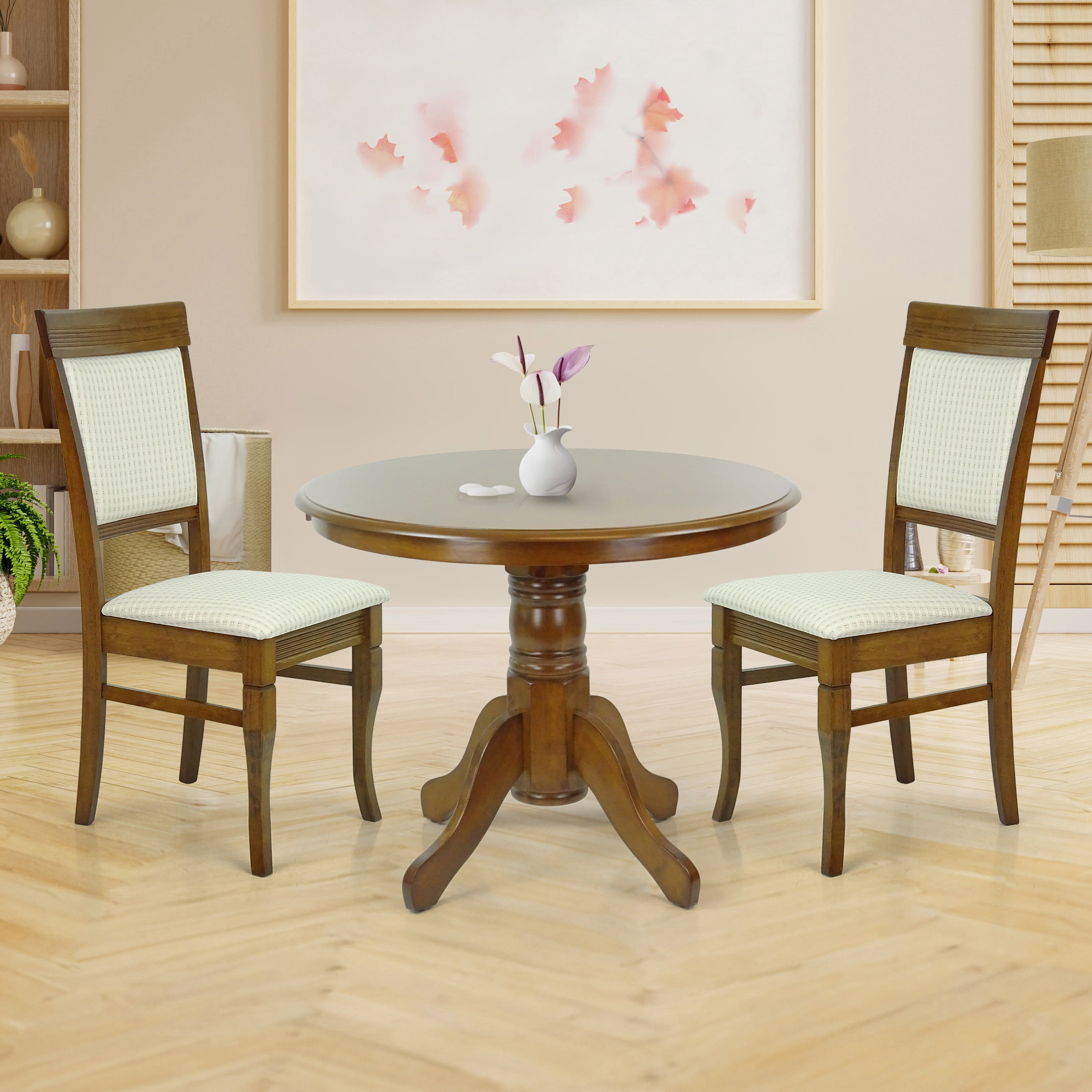Wooden 3 Piece Dining Table Set, 2 Classic Style Solid Wood Ronda ...