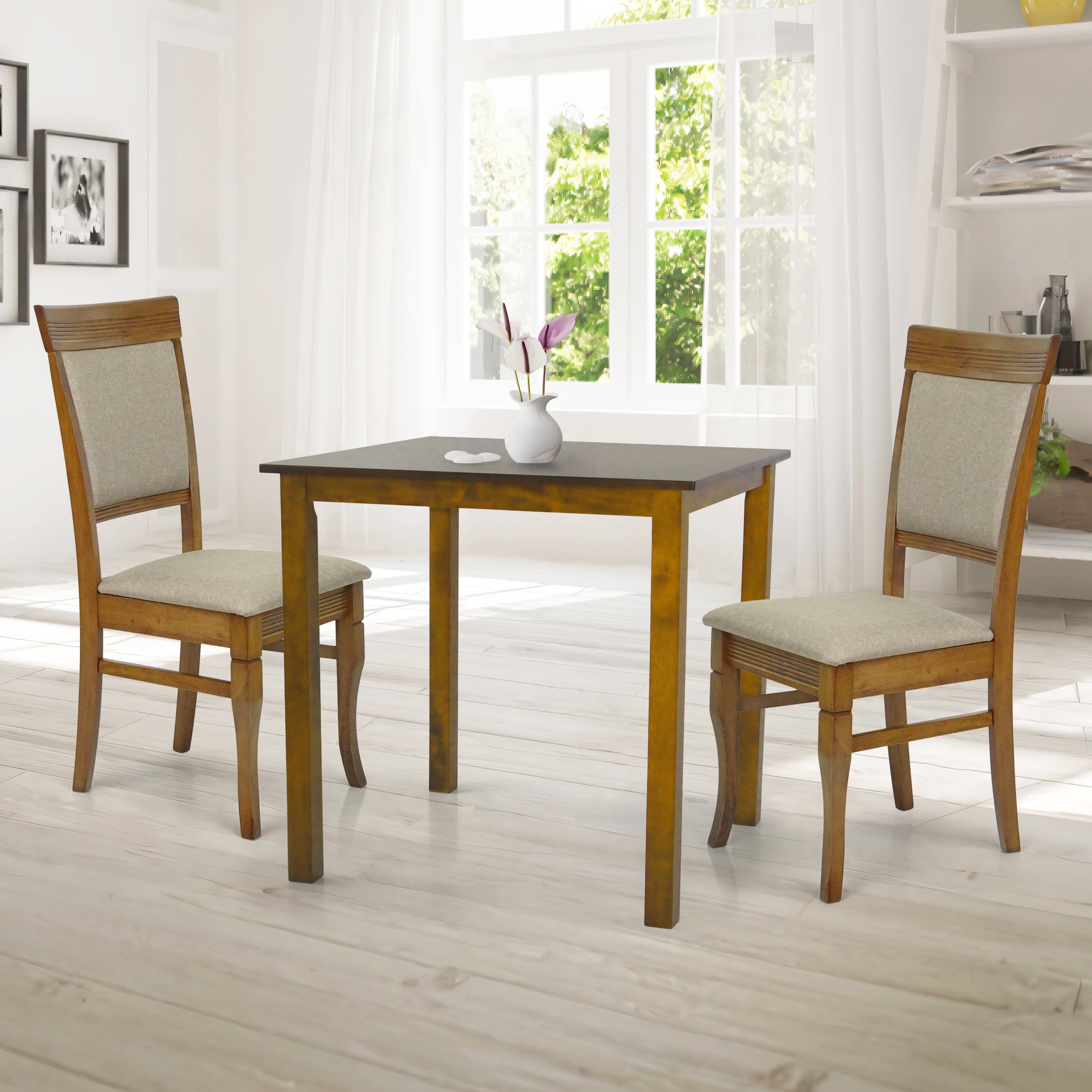 Wooden 3 Piece Dining Table Set, 2 Classic Style Solid Wood Ronda ...