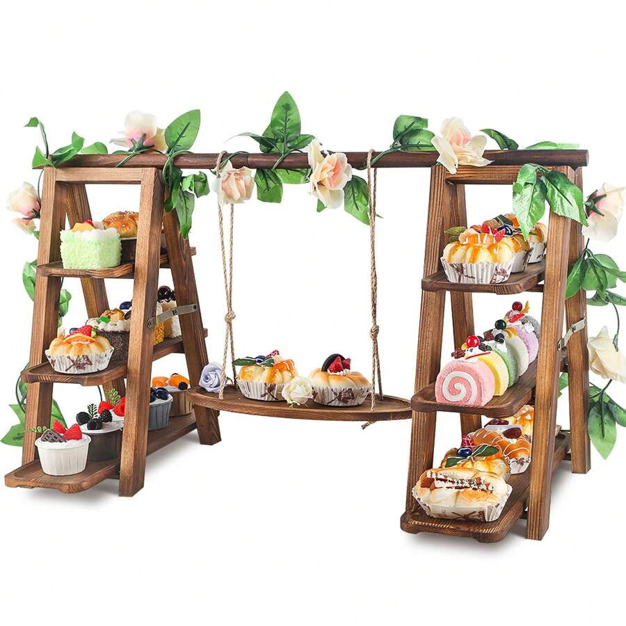 Wooden 3 Tier Cupcake Stand With Swing And Flower Decoration Serving ...