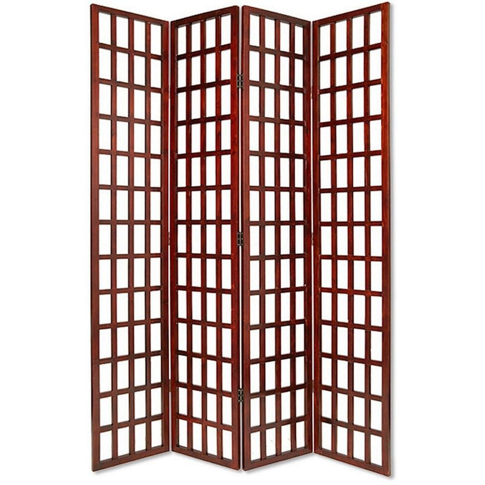 Wooden 4 Panel Foldable Window Pane Screen with Grid Design in Brown ...