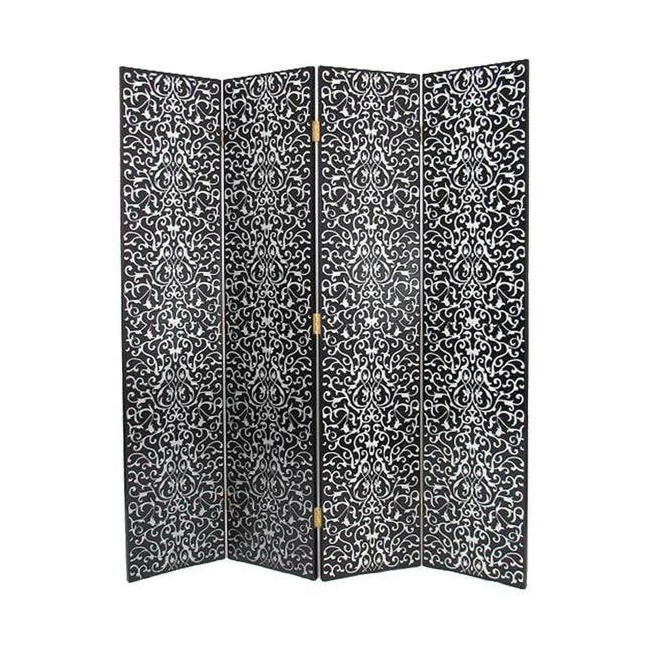 Wooden 4 Panel Room Divider with Scrolling Motifs - Black & Silver ...