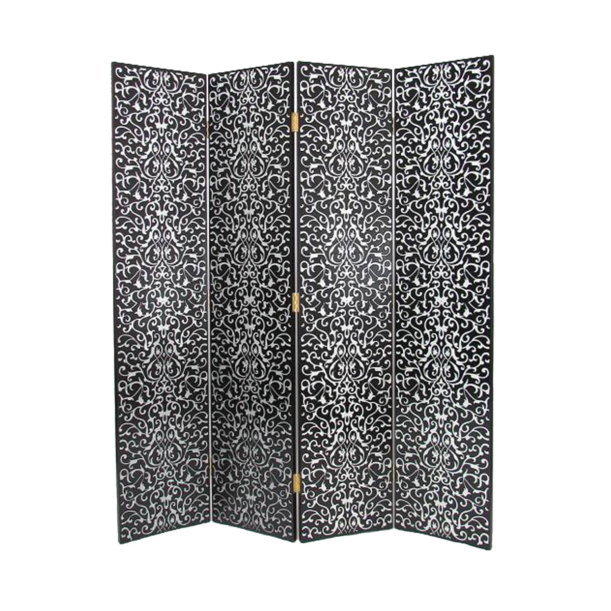 Wooden 4 Panel Room Divider with Scrolling Motifs, Black and Silver ...