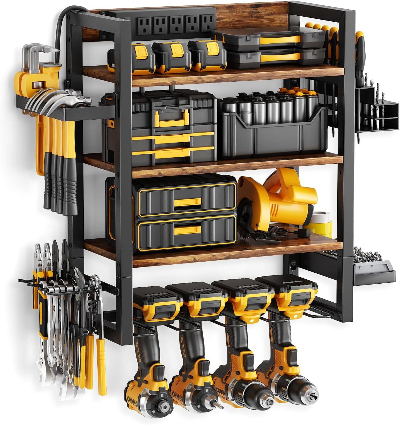 Wooden 4-Tier Power Tool Organizer Wall Mount with 5 Outlet Charging ...