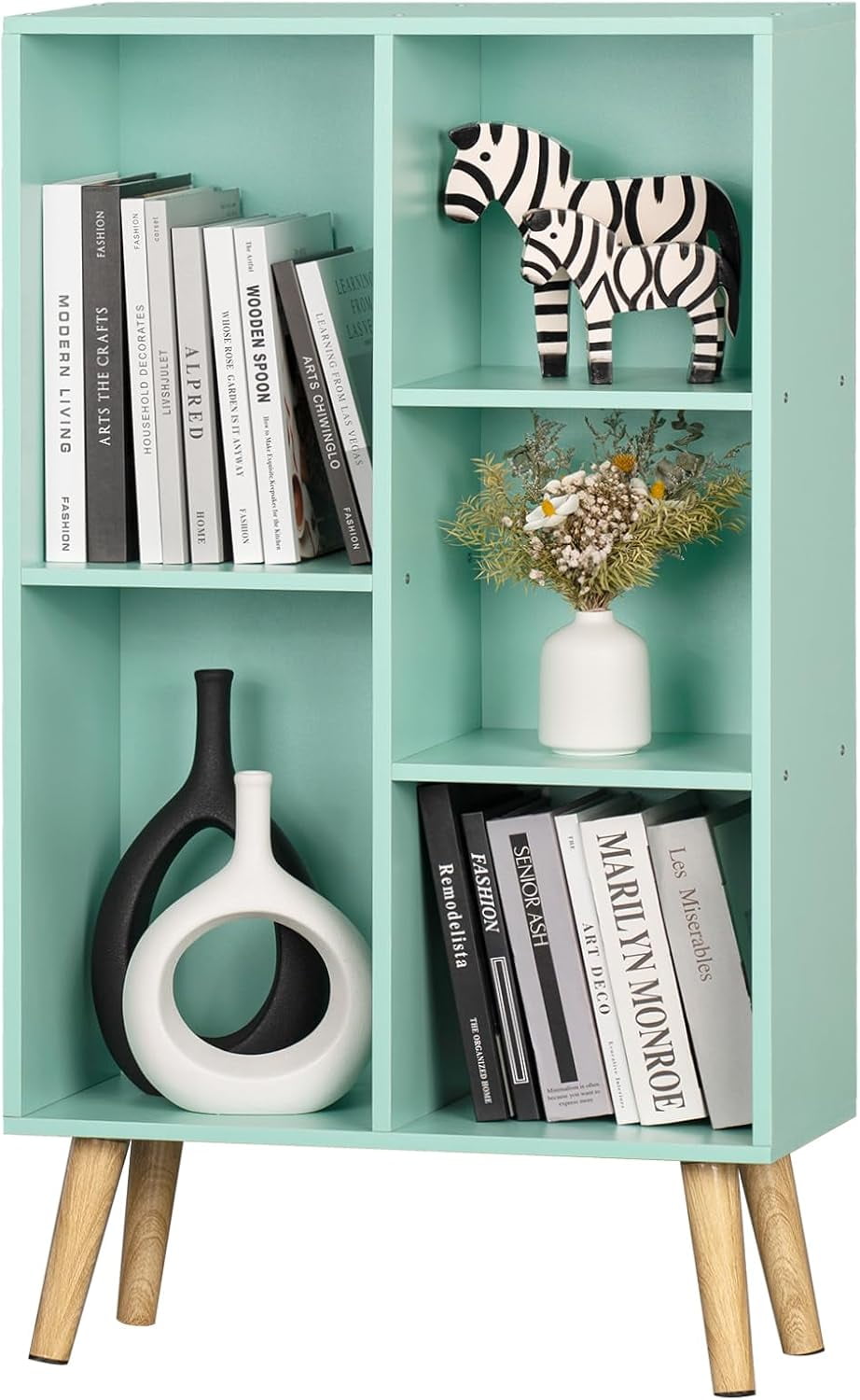 Wooden 5 Cube Bookshelf, Mint Green 3 Tier Book Shelf with Legs, Modern ...