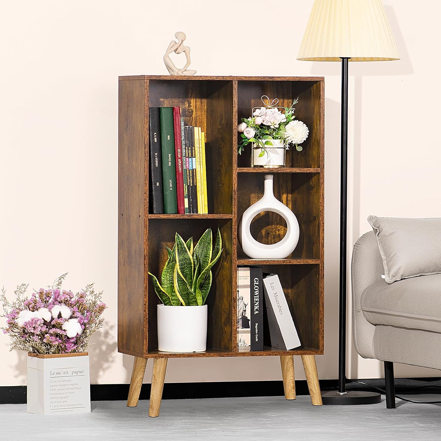 Wooden 5 Cube Bookshelf, Retro Brown 3 Tier Book Shelf with Legs ...