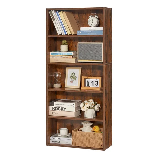 Wooden 53-Inch Five-Tier Narrow Bookshelf with Adjustable Shelves for ...