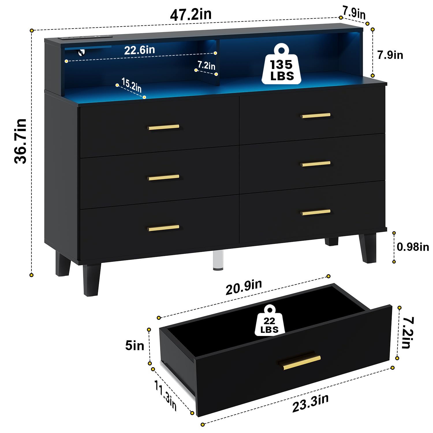 Wooden 6 Drawer Dresser with RGB LED Lights & Power Outlet, Large ...