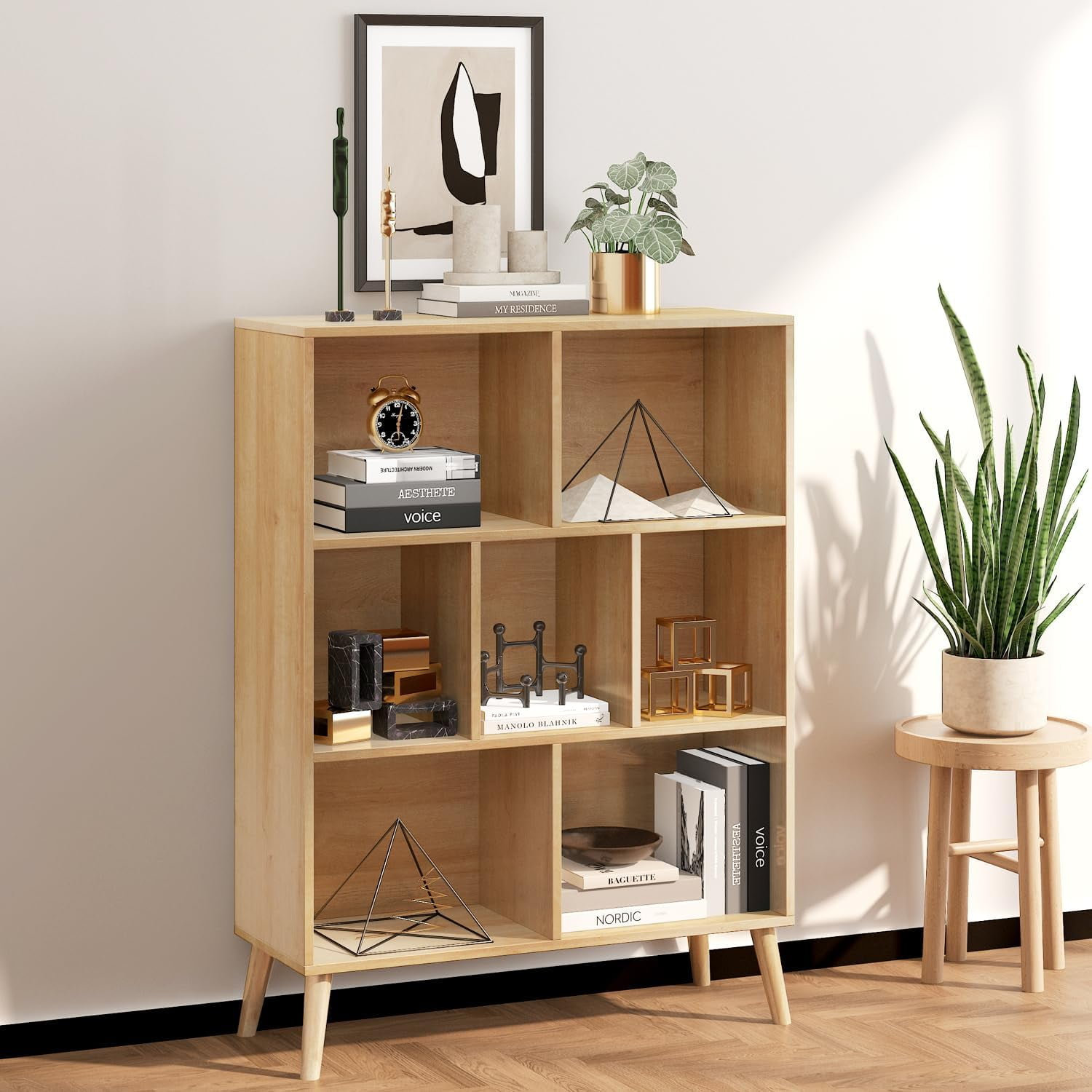 Wooden 7 Cube Book Shelf with Legs,3 Tier Freestanding Horizontal ...