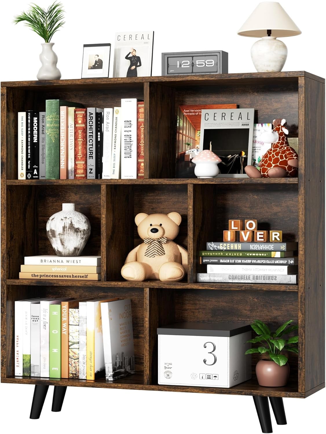 Wooden 7 Cube Bookshelf, 3 Tier Bookcase with Legs, Modern Open Storage ...