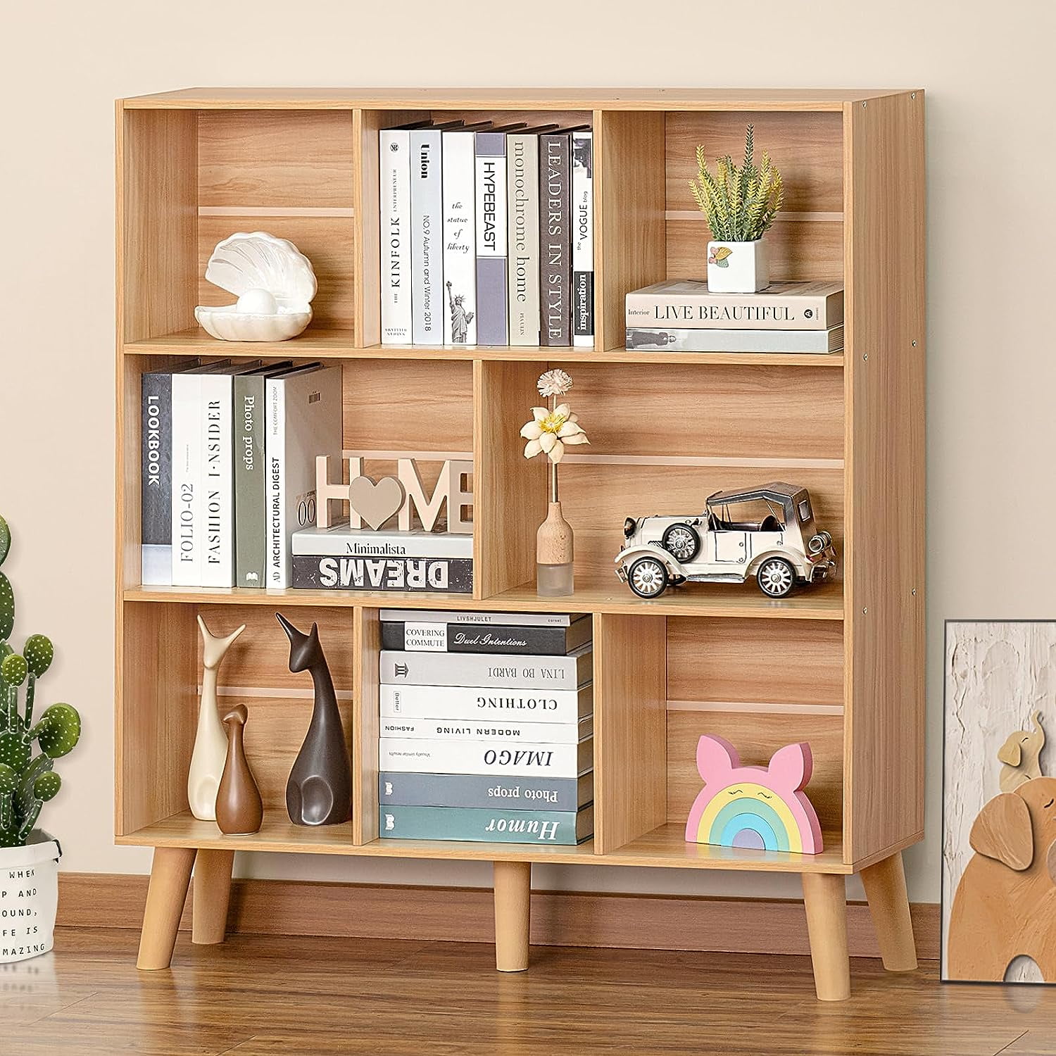Wooden 8 Cube Book Shelf, Natural 3 Tier Bookshelf with Legs, Modern ...