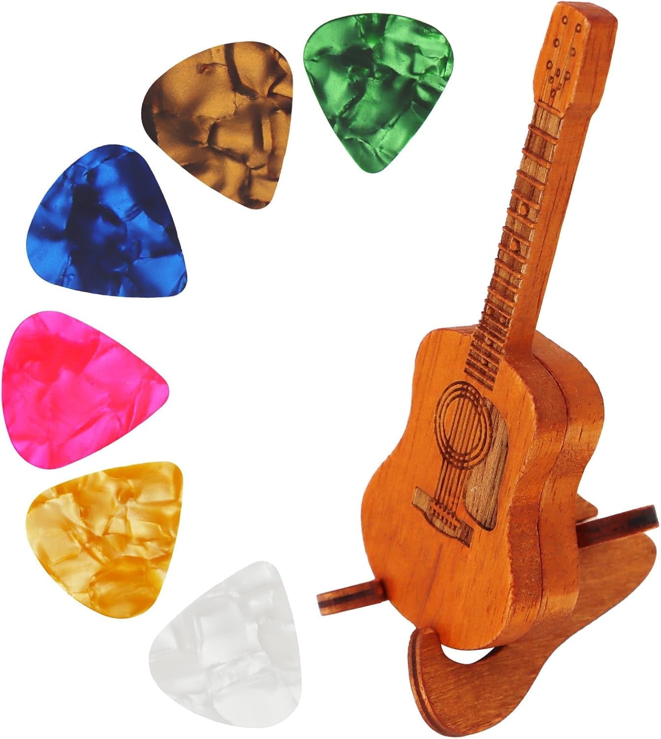 Wooden Acoustic Guitar Pick Box with Stand, 6Pcs Celluloid Guitar Picks ...