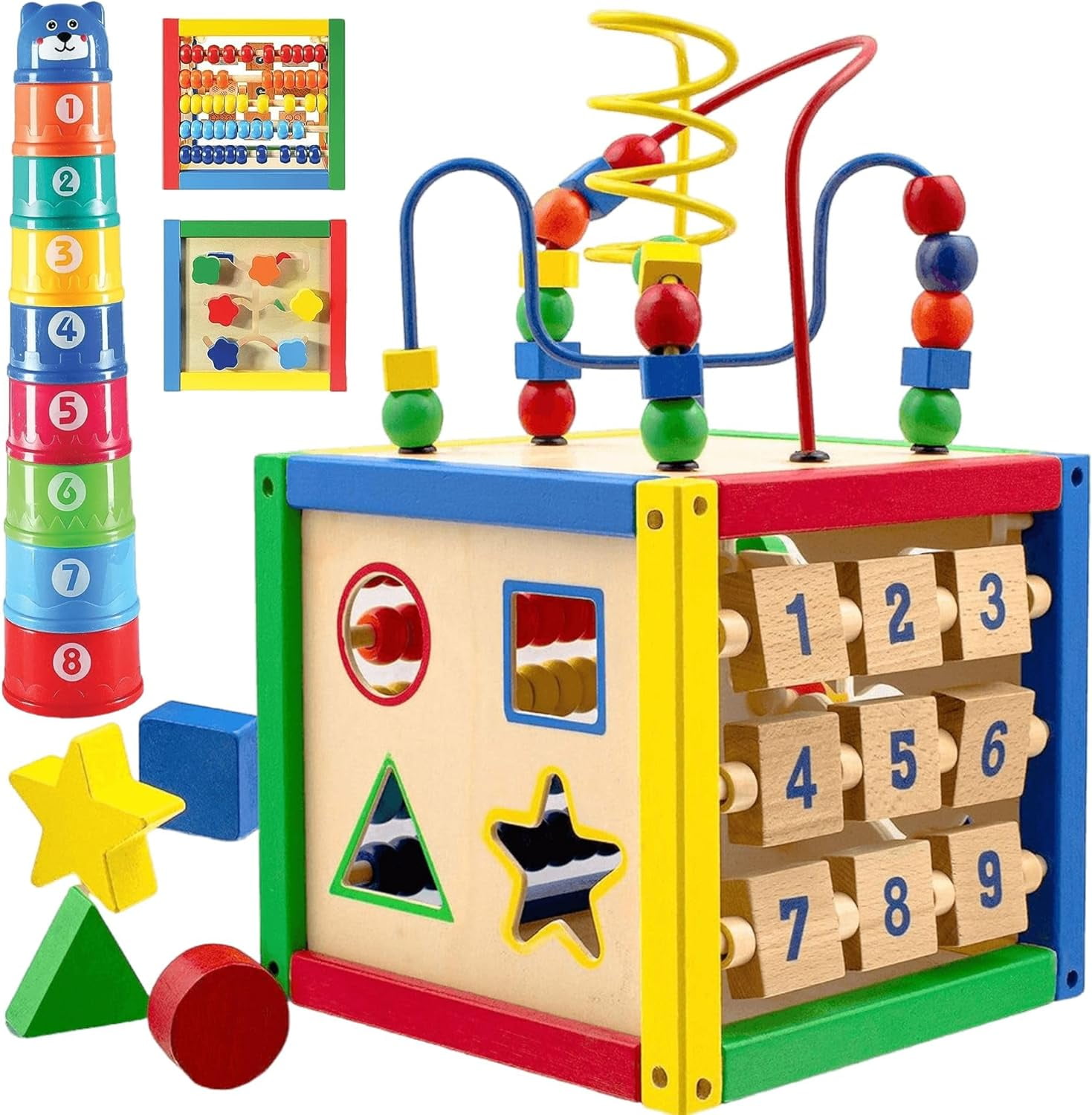 Wooden Activity Play Cube 6 in-1 for Baby with Removable Bead Maze ...