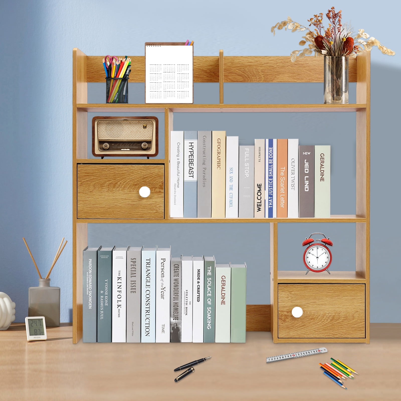 Wooden Adjustable Small Table Shelf, Desktop Storage Organiser, Display ...