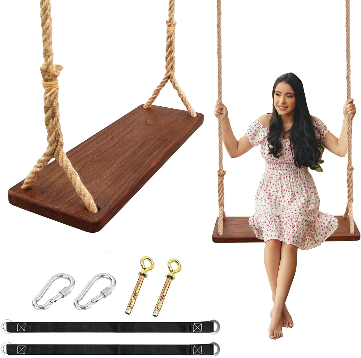 Wooden Adult Wood Tree Swing for Adults/Kids，Wood Plank Seat 24”X8”X1.2”, Adjustable Hemp Rope 3 ...