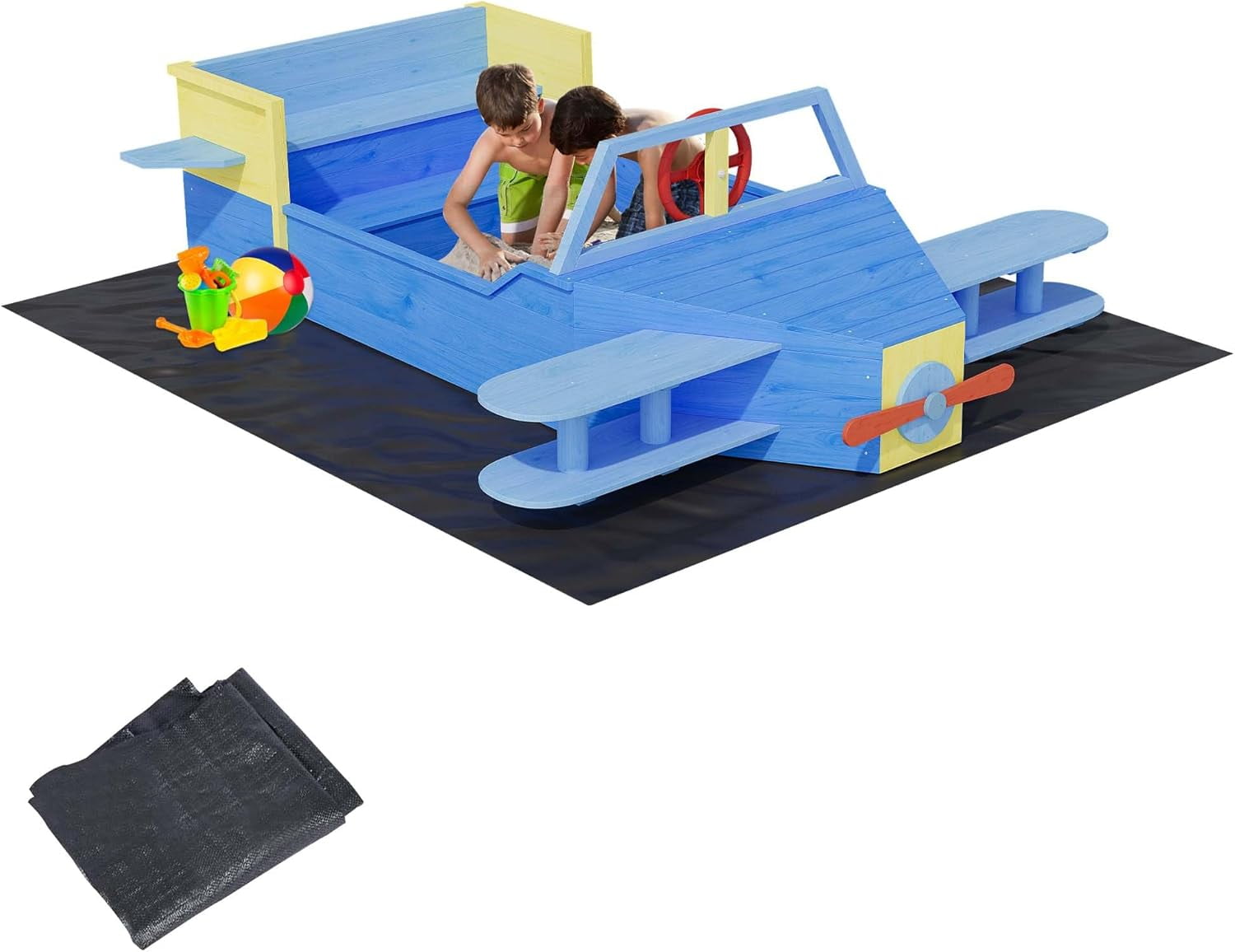 Wooden Airplane Sandbox with Padding ＆ 2 Tiers of Benches, Kids Outdoor ...
