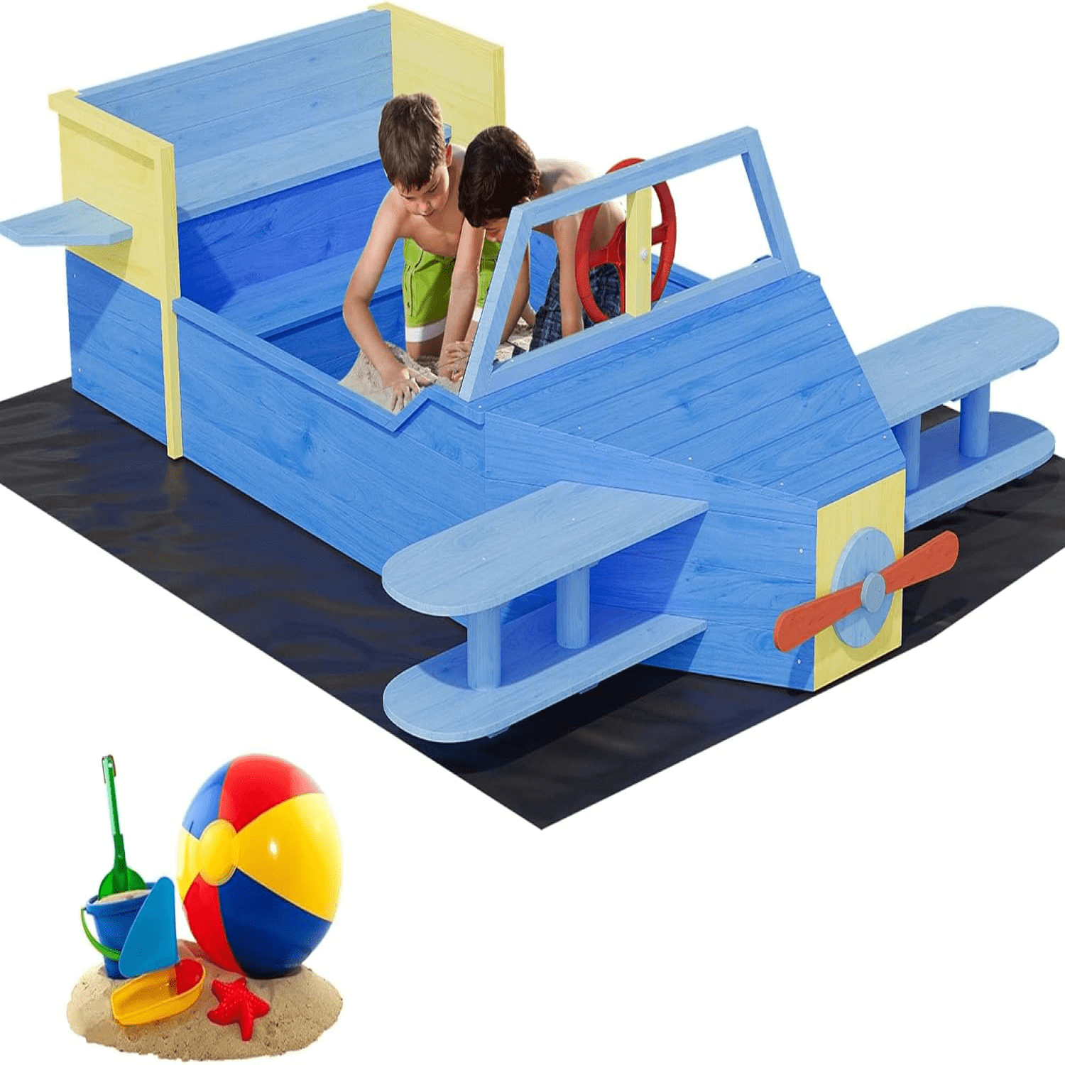 Wooden Airplane Sandbox with Bottom Liner,Kids Sandpit w/Propeller ...