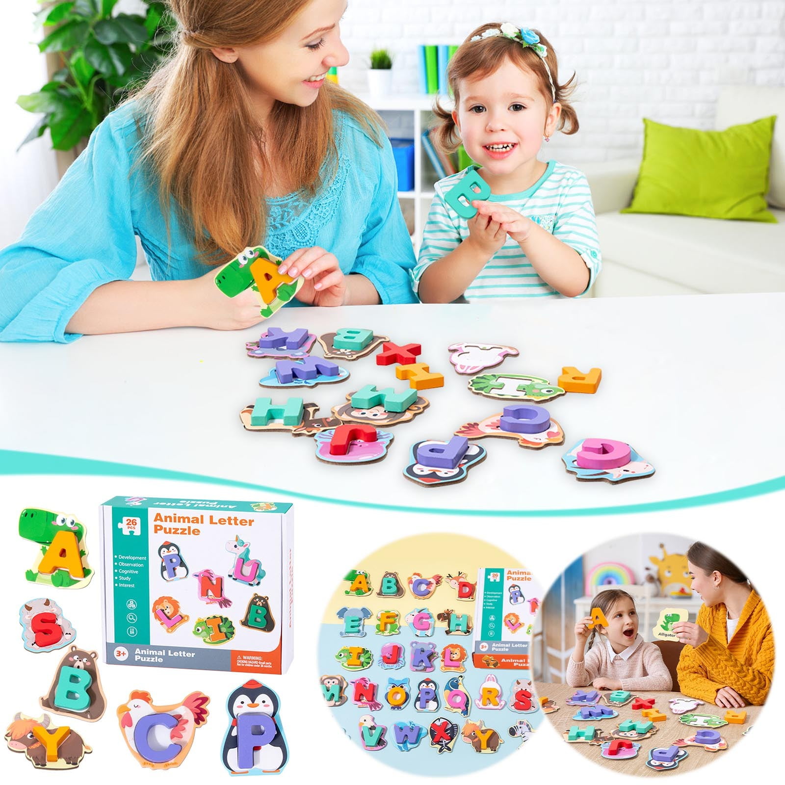 Wooden Alphabet Animal Puzzle Toy, 26 Letters Pairing Puzzle Blocks for ...