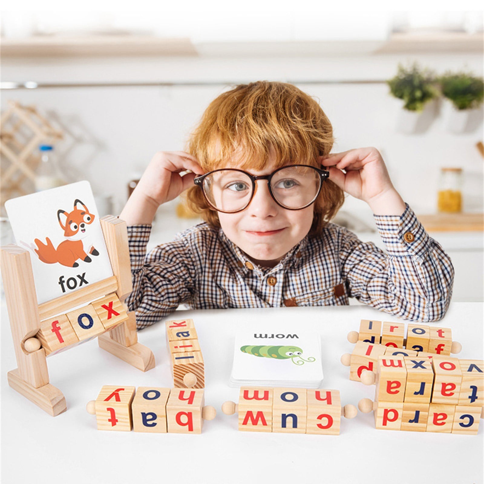 Wooden Alphabet Blocks Set - Educational Toy with 32 Cards & 8 Blocks ...