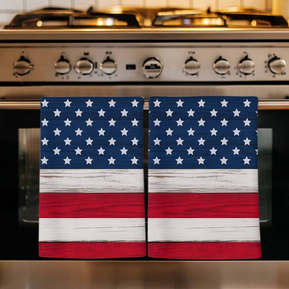 Wooden American Flag Kitchen Towels Set of 3, Independence Day Star ...