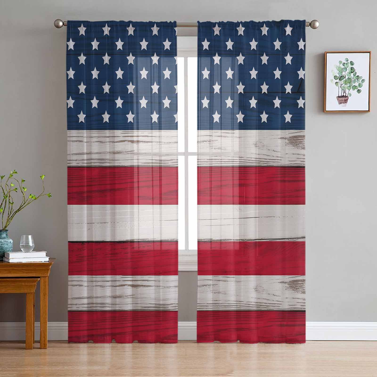 Wooden American Flag Sheer Curtains 84 Inch Length 2 Panels Set for ...