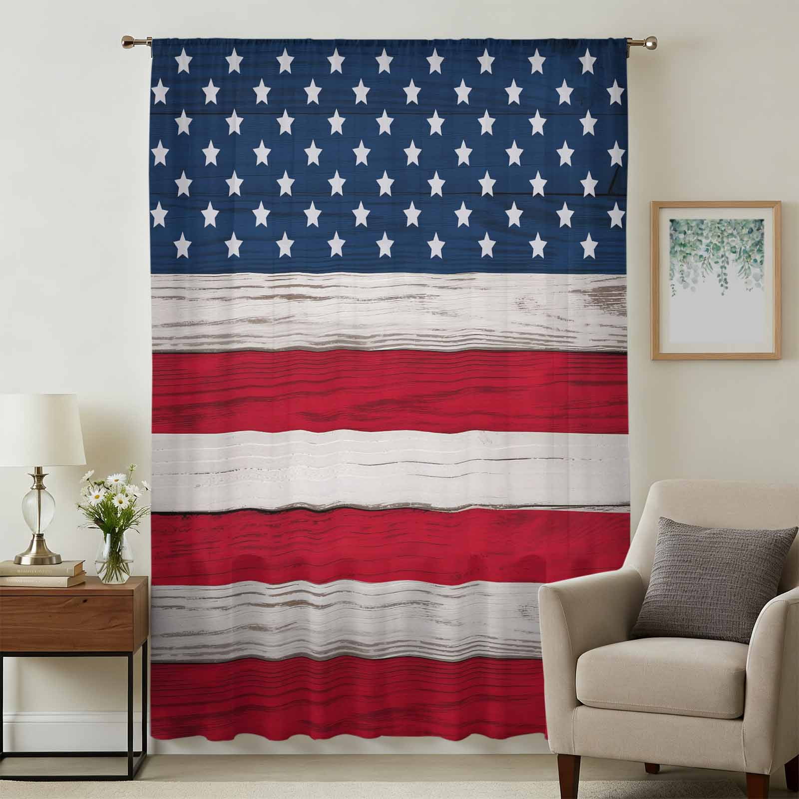 Wooden American Flag Sheer Curtains 96 Inches Long, Independence Day ...
