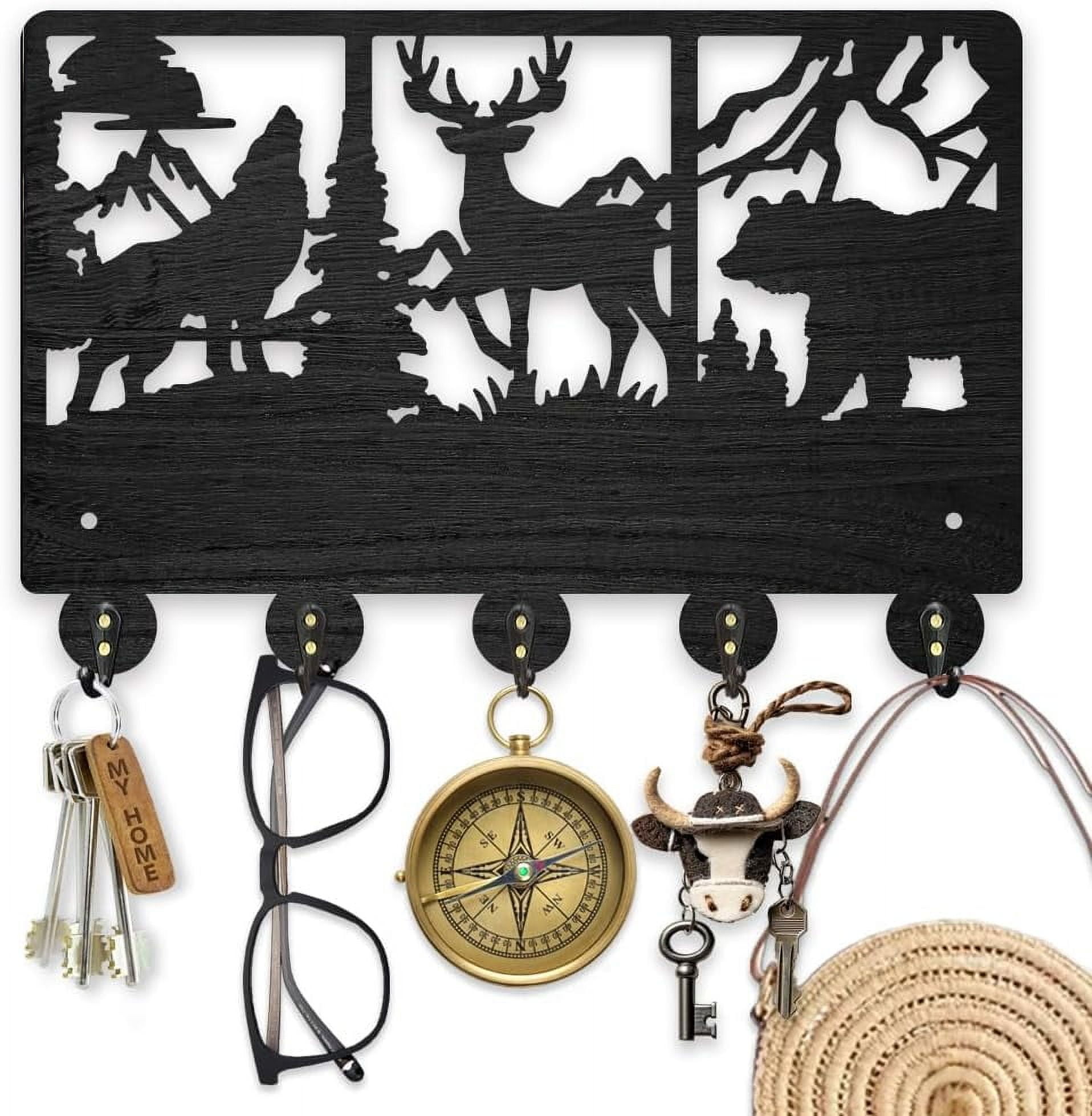 Wooden Animal Landscape Key Hook for Wall 11.8x7.8inch Wolf Deer Wall ...