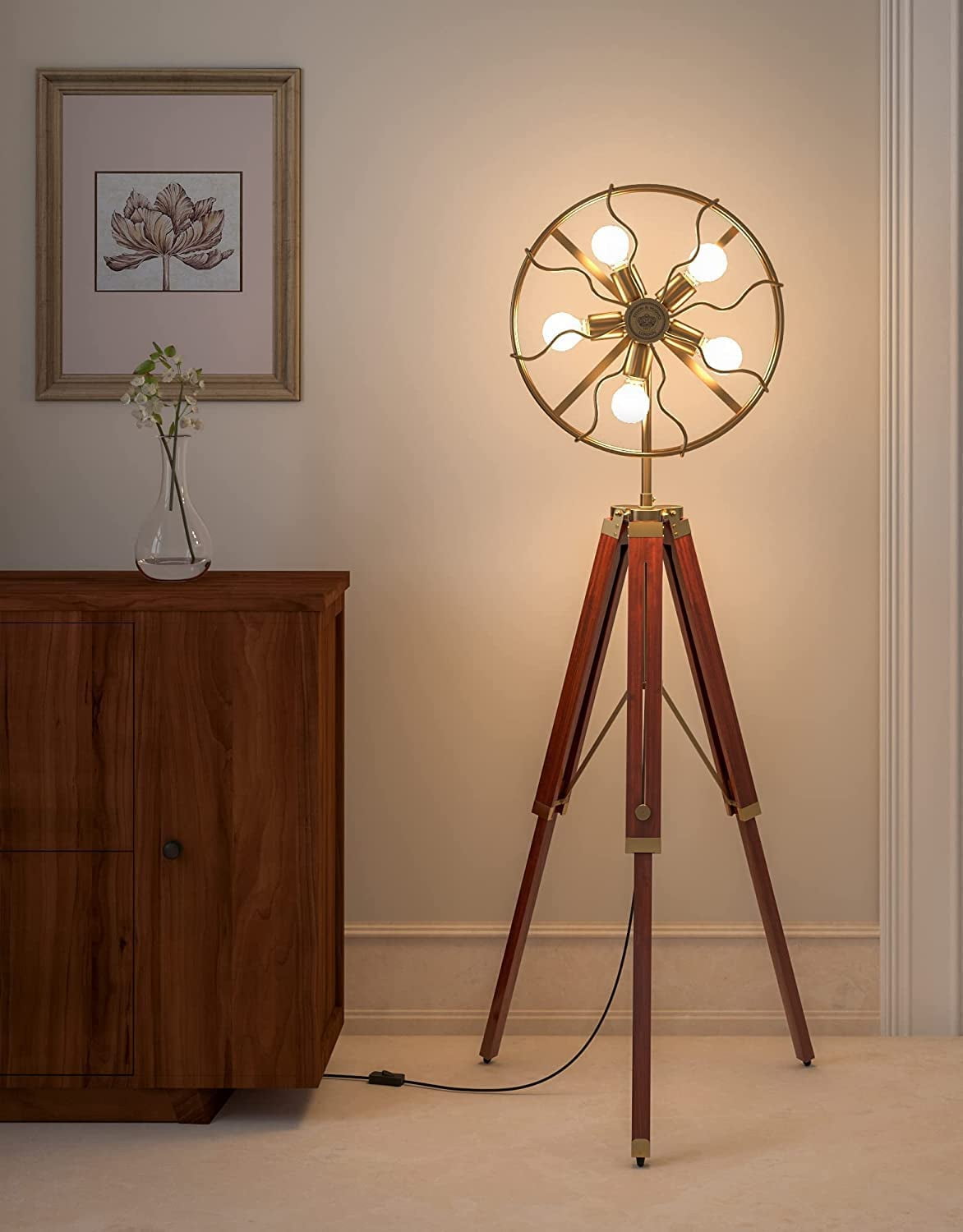 Wooden Antique Gold Adjustable Tripod Floor Lamp Standing with Moveable ...