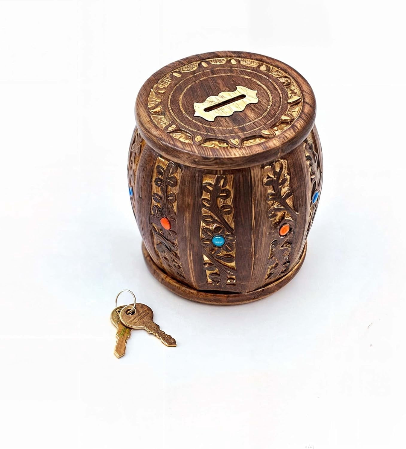 Wooden Antique Round Lockable Piggy Bank for Kids - Secure Money Box ...