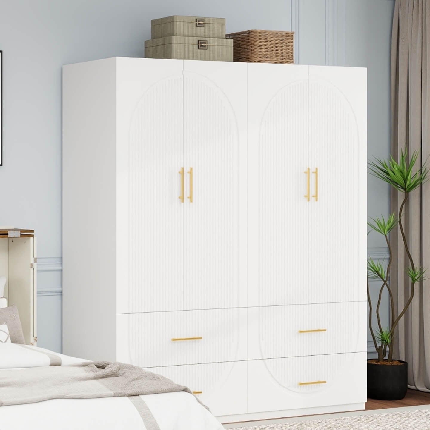 Wooden Armoire Wardrobe Closet with 4 Doors, 71" High Bedroom Wardrobe ...