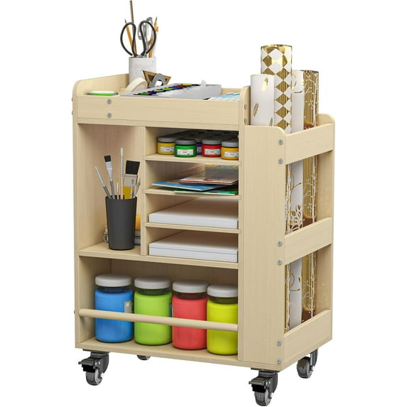 Wooden Art Storage Cart with Wheels, 25.6" Art Supply Storage Organizer ...