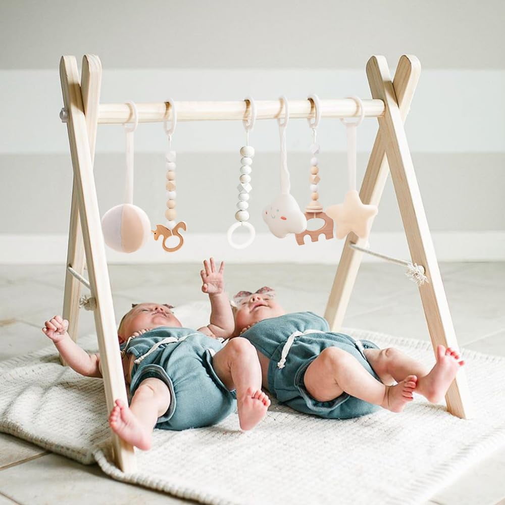 Wooden Baby Gym with 6 Gym Toys, Foldable Baby Play Gym, Natural Pine ...