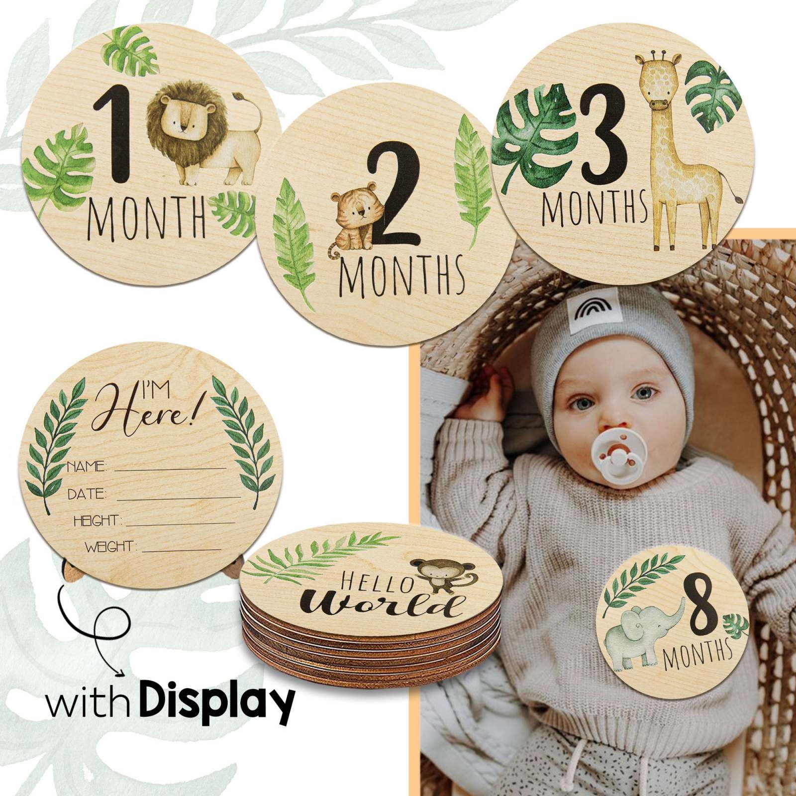 Wooden Baby Monthly Milestone Cards - 7 Double-Sided Photo Props with Birth Stats for Newborn to ...